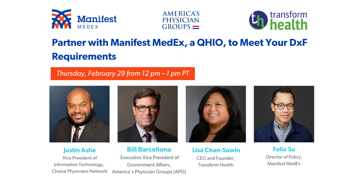 "Partner with Manifest MedEx, a nonprofit Qualified Health Information Organization (QHIO), to ...